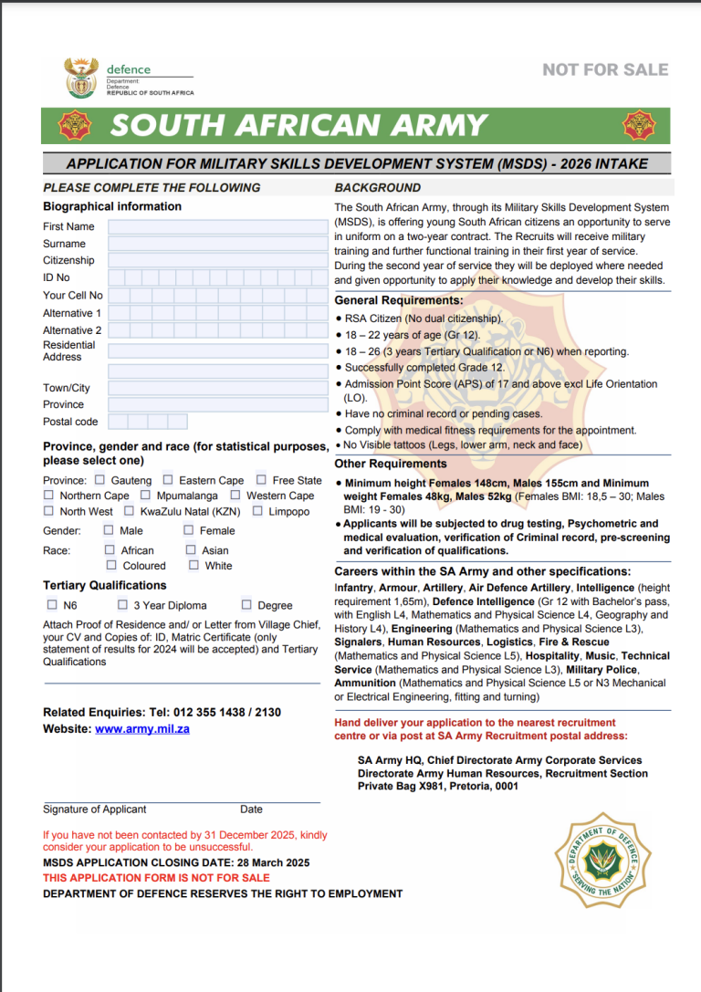 SA ARMY APPLICATION FORMS FOR 2026 - mycareers.co.za
