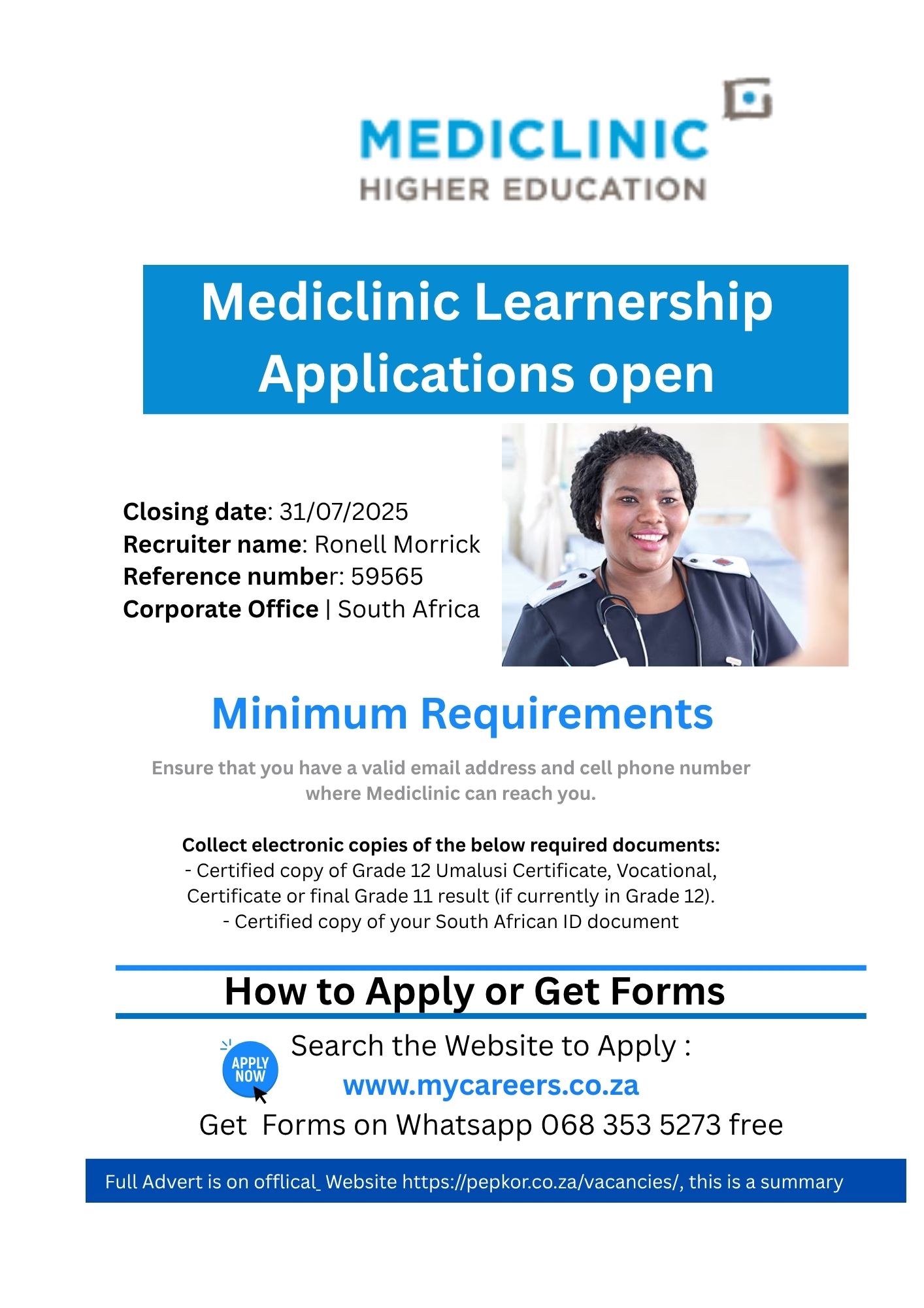 Mediclinic Learnerships Applications - mycareers.co.za