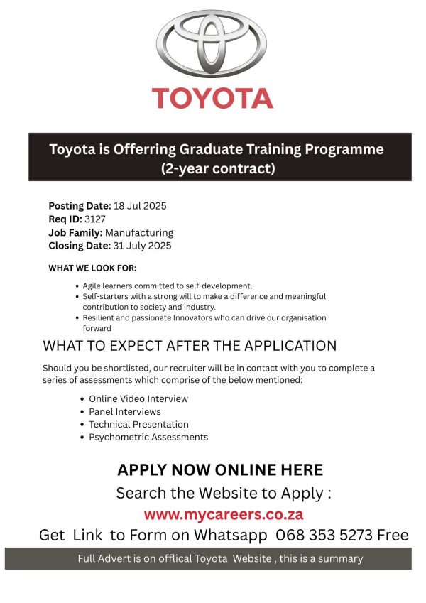 Toyota Training Learnership Graudate Programme - mycareers.co.za