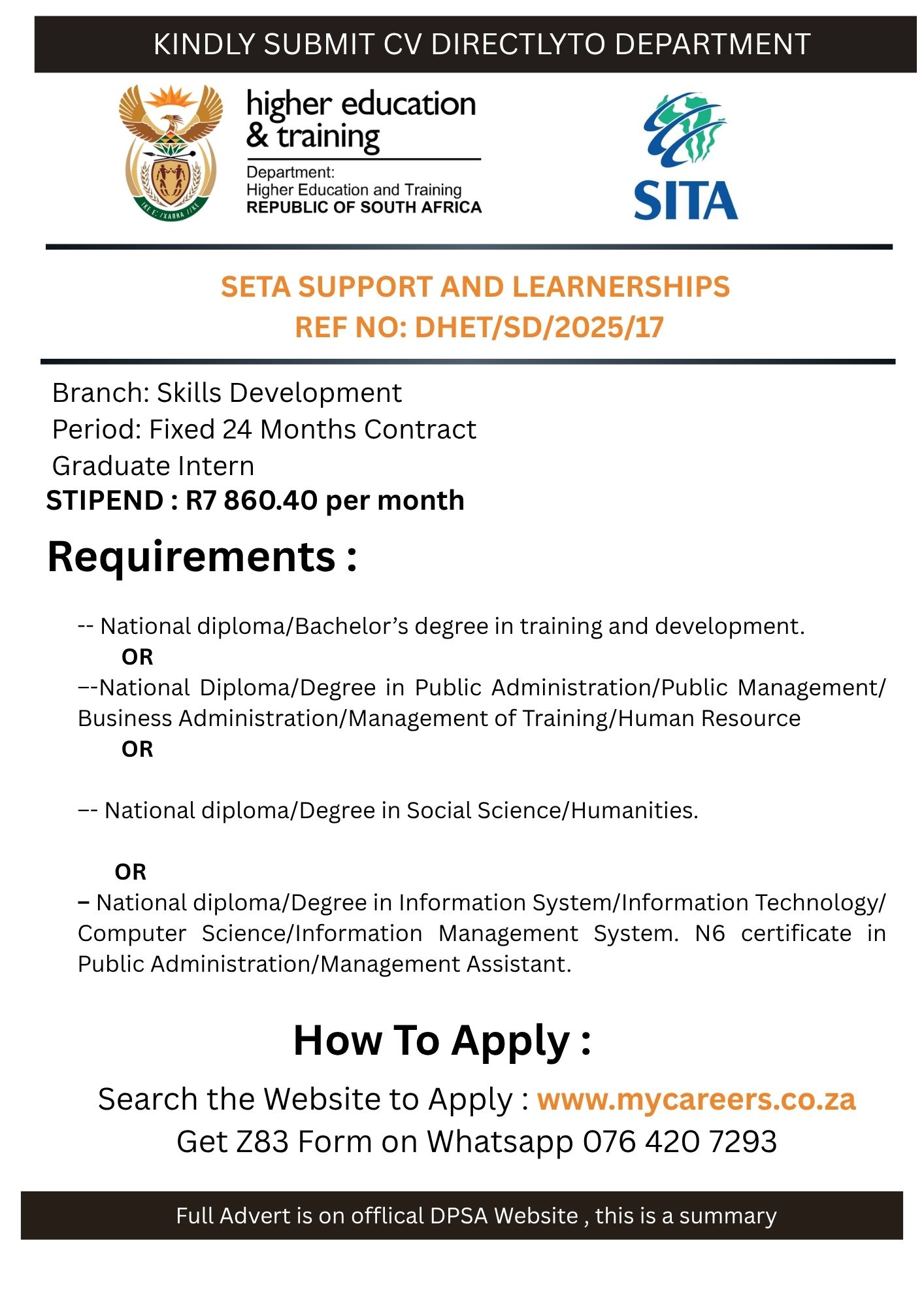 SETA and DHET Graduate Internship Opportunities: Department of Higher Education and Training ...